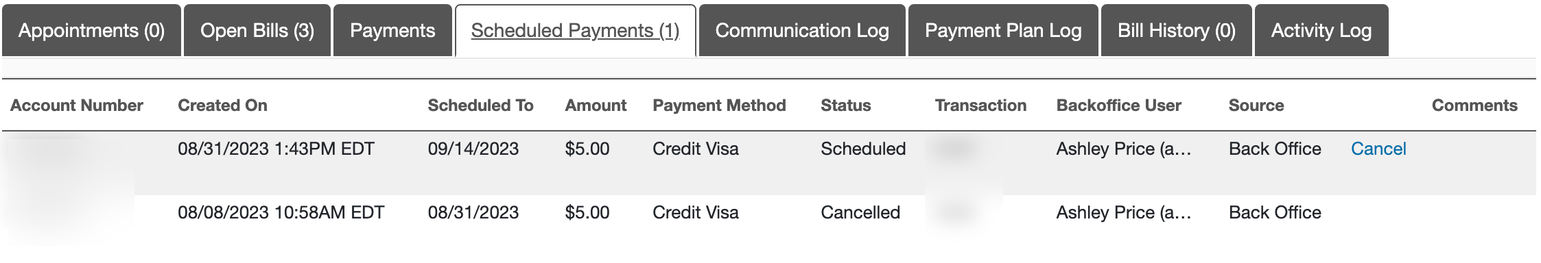 The different tabs on the Account page in the Staff Experience ...